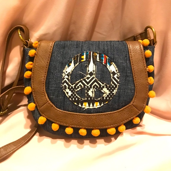 Bags | Peace Sign Denim Handbag Purse Crossbody Bag | Poshmark